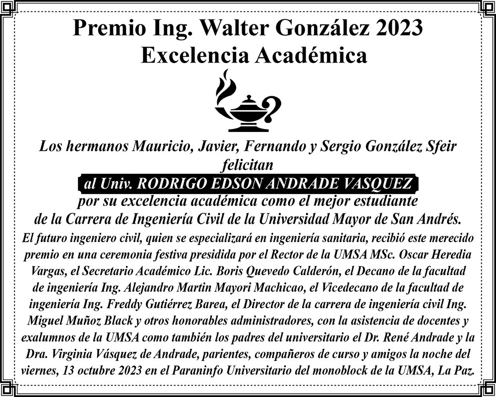 Premio Ing. Walter González 2023 Excelencia Académica - El Diario - Bolivia