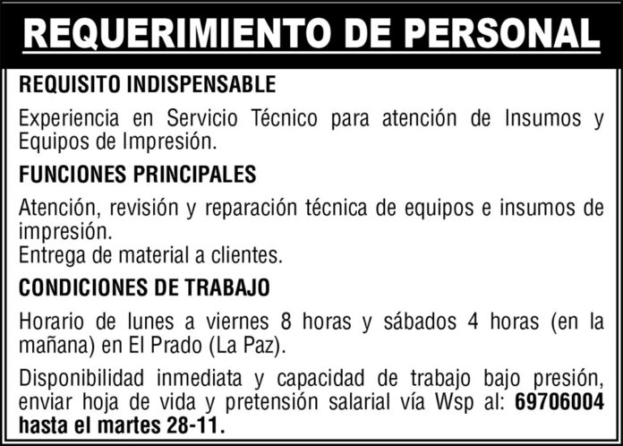 REQUERIMIENTO DE PERSONAL - El Diario - Bolivia