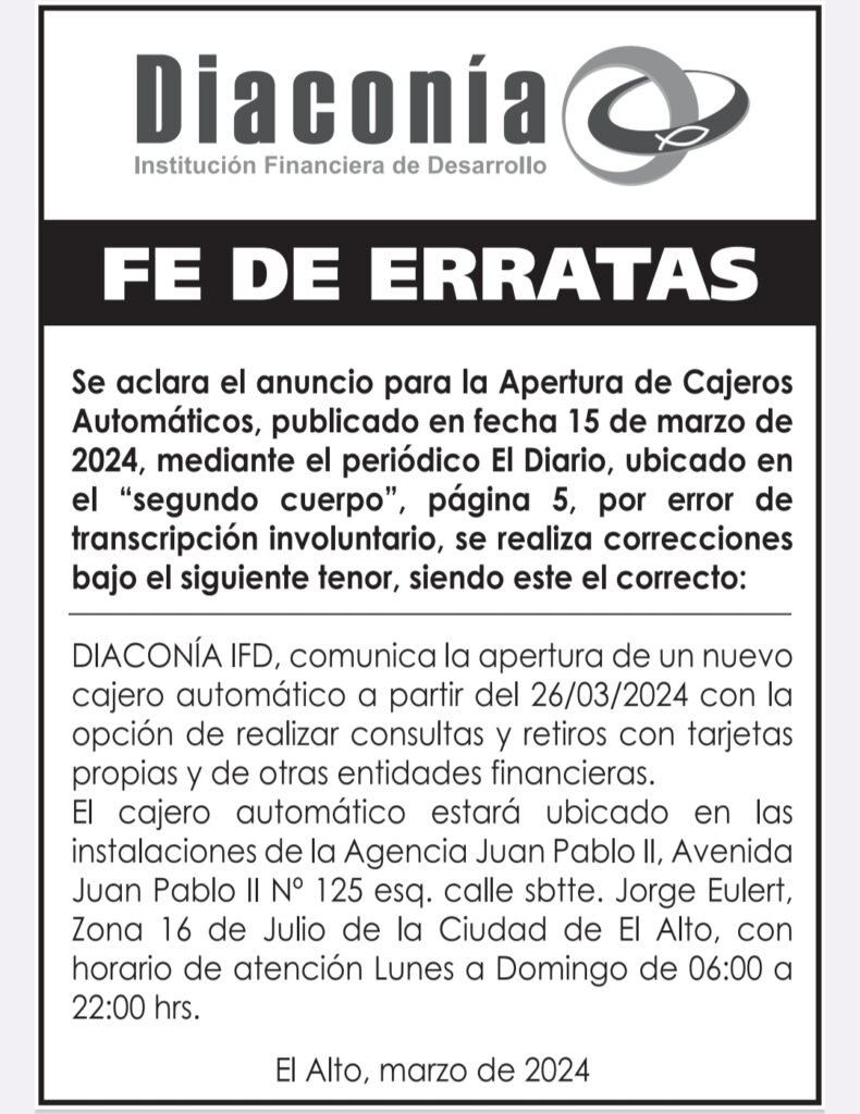 Diaconia - Fe de erratas - El Diario - Bolivia
