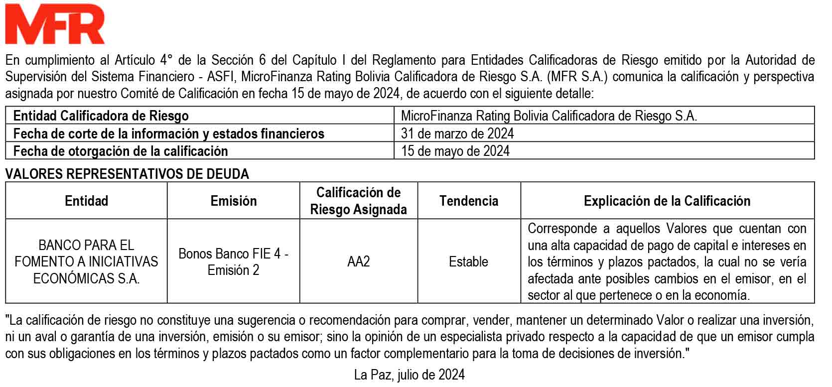 MicroFinanza Rating Bolivia Calificadora de Riesgo S.A. - El Diario ...