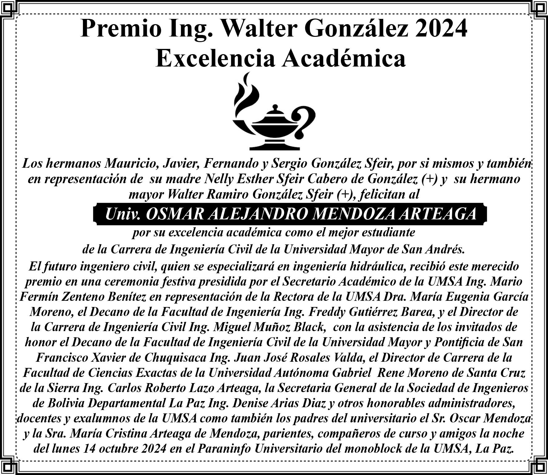 Premio Ing. Walter González 2024 - El Diario - Bolivia