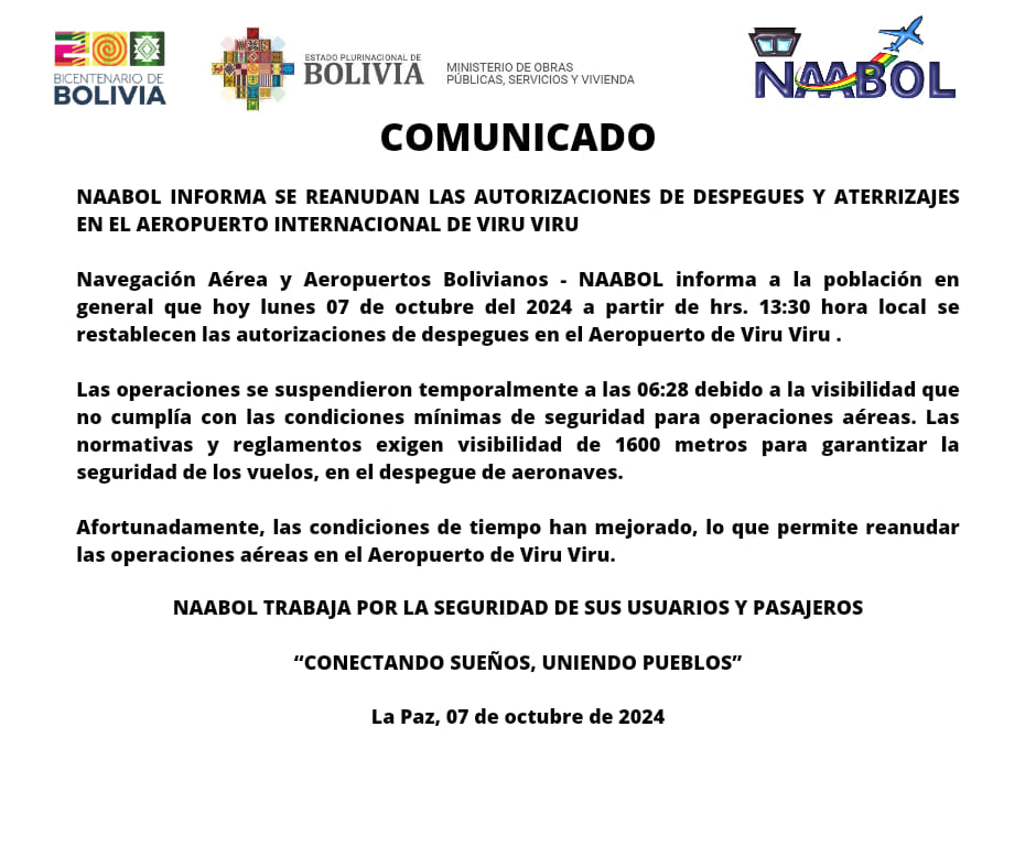 Reanudan vuelos en el aeropuerto de Viru Viru de Santa Cruz (16:09) - El Diario - Bolivia