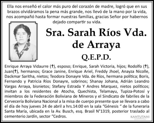 Sra. Sarah Ríos Vda. de Arraya - El Diario - Bolivia