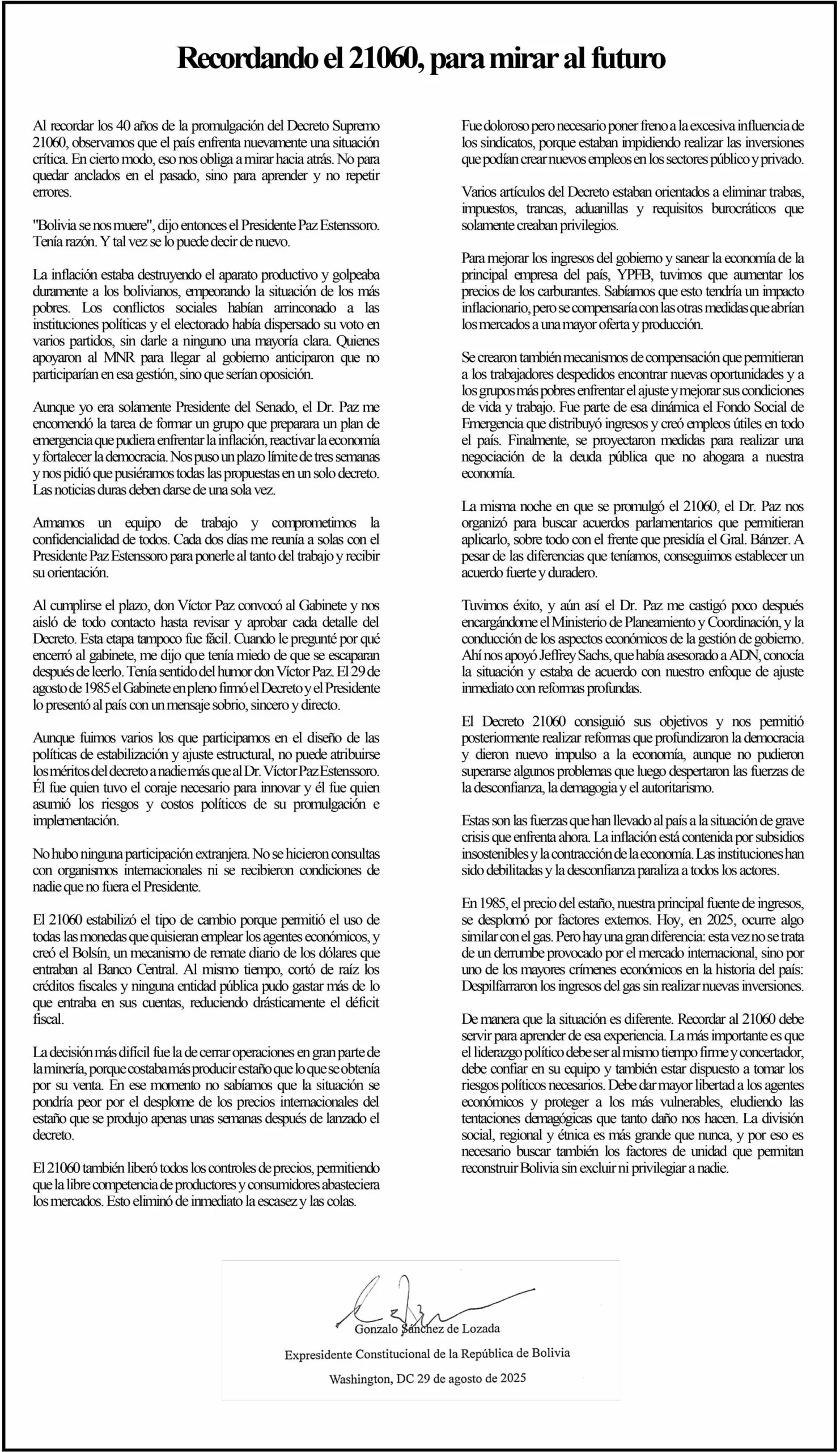 Recordando el 21060, para mirar al futuro - El Diario - Bolivia