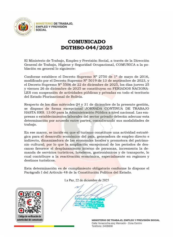 Gobierno declara feriado nacional este viernes 26 - El Diario - Bolivia